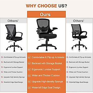 Ergonomic Mesh Office Chair, Comfy Desk Chair with Flip up Armrests, Swivel Computer Desk Chair with Adjustable Lumbar Support and Height for Home Office, 300 lbs Capacity