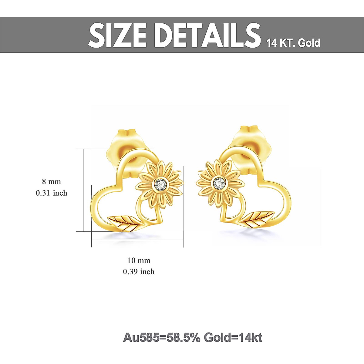 SISGEM 14k Yellow Gold Sunflower Heart Stud Earrings for Women