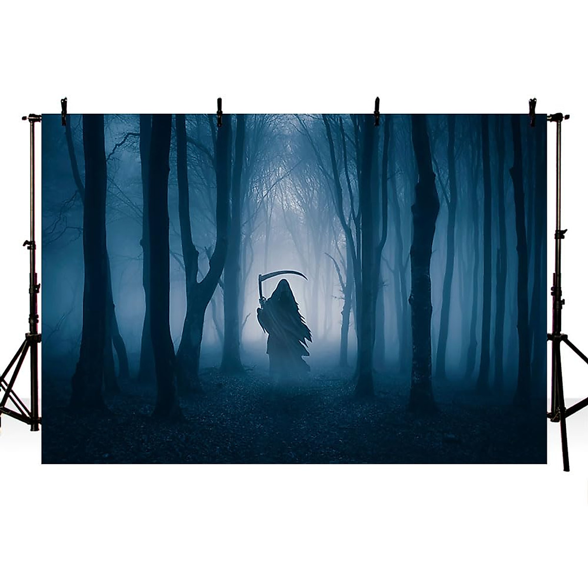 MEHOFOND 7x5ft Scary Halloween Backdrop Misty Dark Forest Horrible Halloween Gloomy Woods Trees Scythe of Death Photography Background Horrible Cemetery Spooky Party Decoration Photo Booth Props