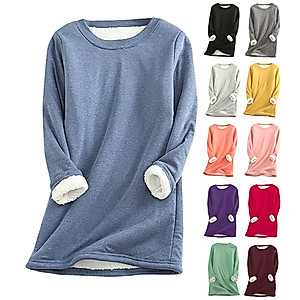 Women's Winter Warm Sherpa Fleece Lined Sweatshirt Plus Size Crewneck Thermal Underwear Pullover Loungewear Tunic Tops A- Blue