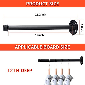 Bailoo Industrial Pipe Clothing Rack 12 Inch 4 Pack, Wall Mounted Clothes Rack Heavy Duty Rustic Vintage Steel Black Metal Clothing Hanging Rod