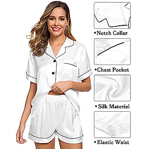 SWOMOG Womens 3pcs Satin Pajamas Shorts Set Button Down Short Sleeve Pjs Loungewear Long Lounge Pants with Pockets White