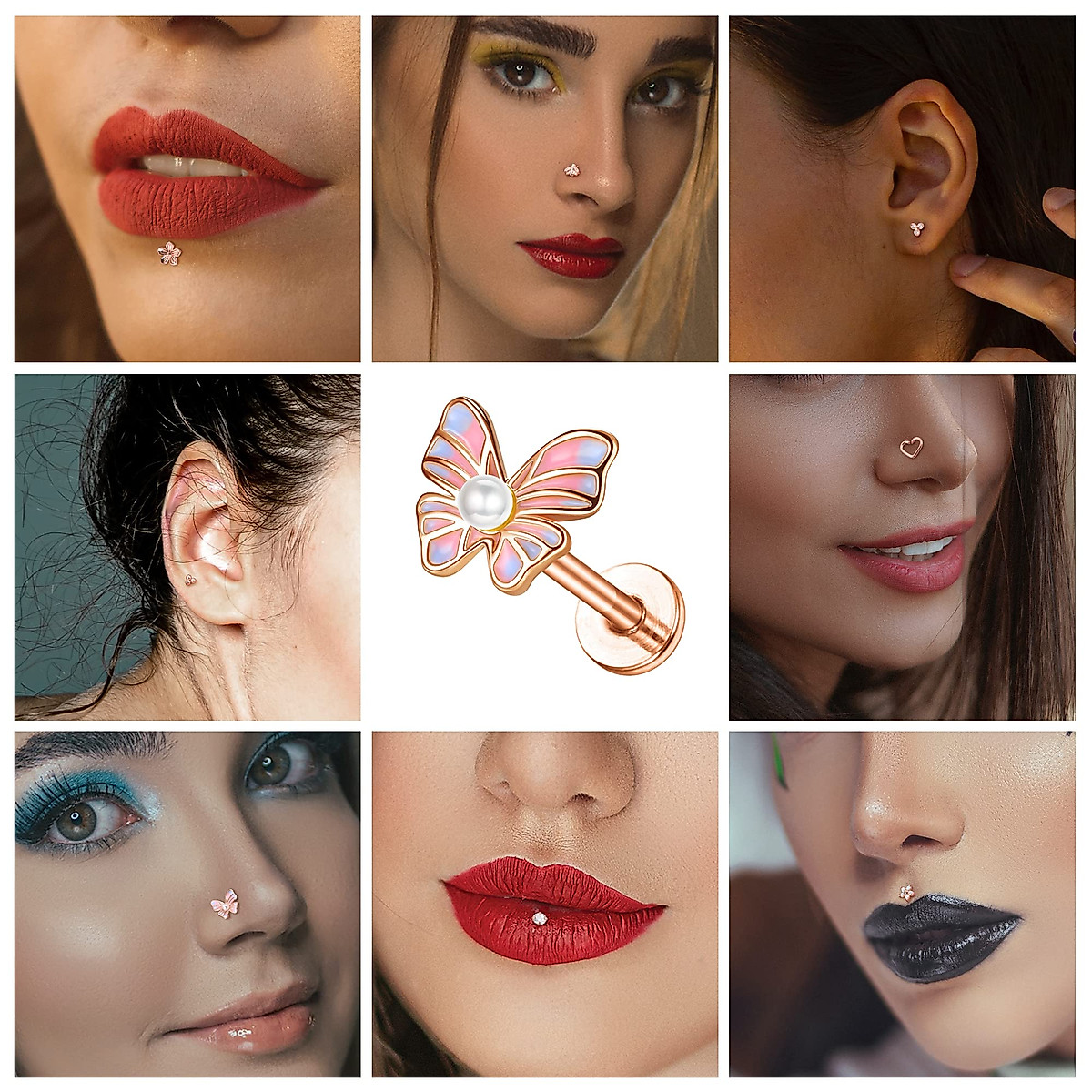 FIBO STEEL 16G Surgical Steel Forward Labret Helix Earrings for Women Threadless Push in Lip Rings Tragus Medusa Conch Monroe Piercing Jewelry Rose Gold-tone