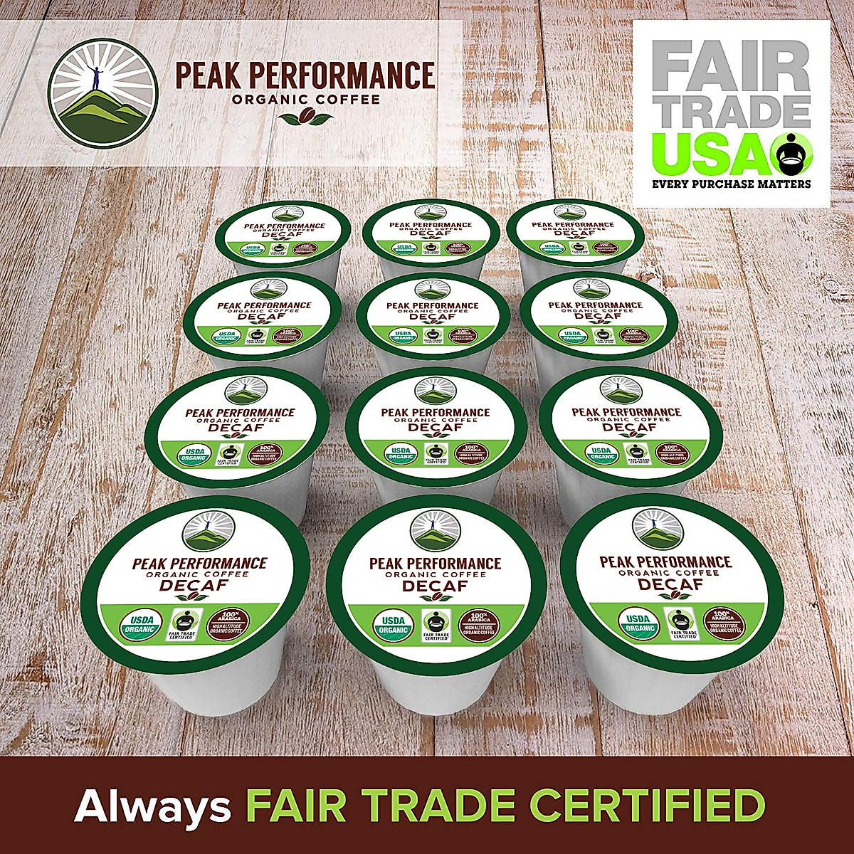 Peak Performance Organic Decaf Coffee Pods - High Altitude USDA Organic Decaf Coffee. High Mental Performance Coffee. Fair Trade, Low Acid Beans Medium Roast Single Serve Decaffeinated. 24 Count Cups