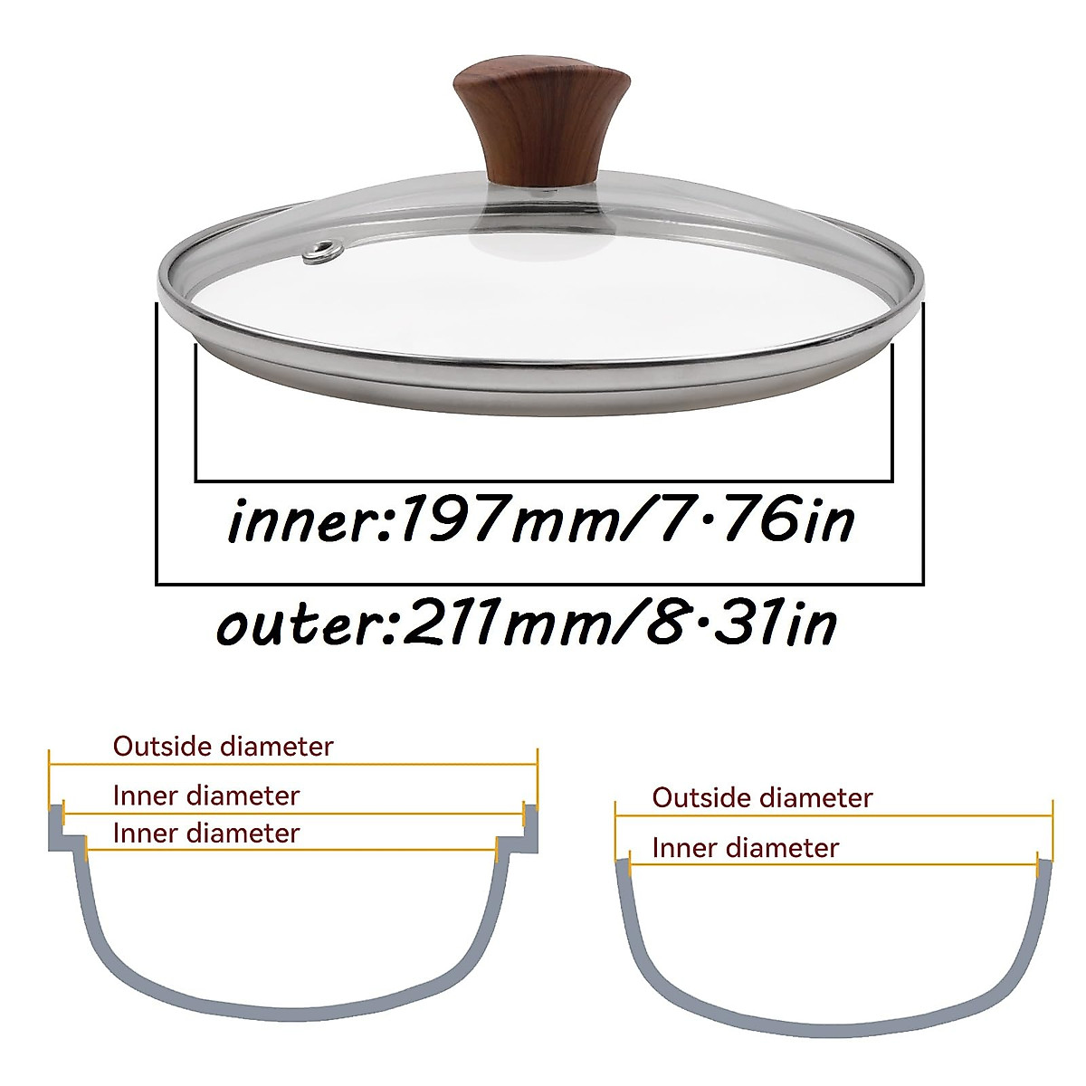 LC LICTOP 8" Tempered Glass Lid 304 Stainless Steel Rim Cookware Cover Replacement for 8-Inch Pan Pot (Heat Resistant Bakelite Knob)