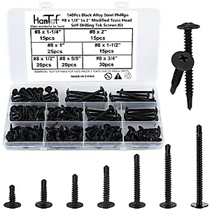 HanTof M3 Flat Head Small Wood Screws Assortment Fasteners Kit 480Pcs, 9 Types 3mm Diameter Phillips Drive Countersunk Head Self-Tapping Screws for Plastic,Wood and Soft Metal.Black Oxide Carbon Steel