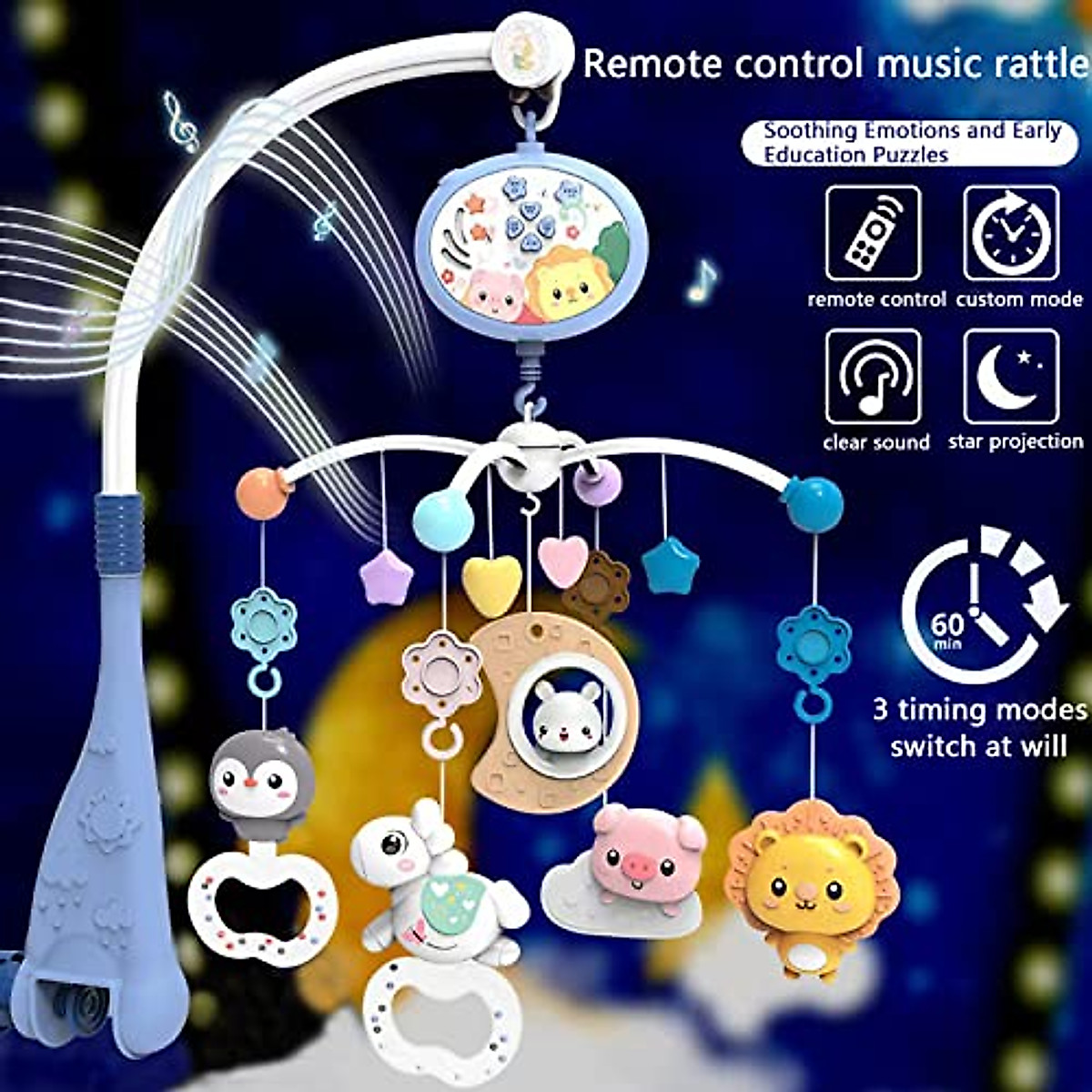 Remote Control Crib Toy,with Remote Starry Sky Projector and Crib Hanging Toy, Can Be Rotated 360°,Timed,Musical,Baby Cradle Mobile Toy, Suitable for Newborn Baby Gifts (Blue + Charging Models)