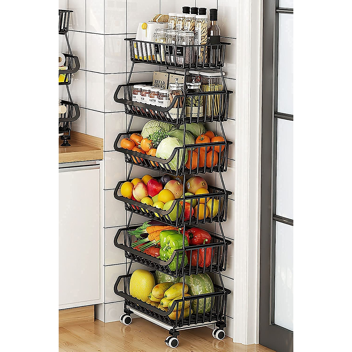 Kitchen Metal Storage Basket with Wheels Stackable Wire Utility Rolling Cart Vegetable Fruit Baskets Rack for Pantry,Potato,Onions,Beverages Storage(6 Tiers)
