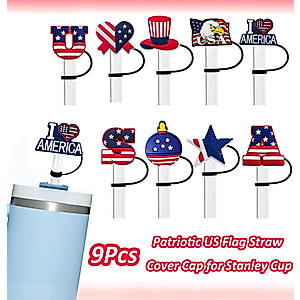 9Pcs Flag Day Straw Caps Cover Cap Topper Dust-Proof for Stanley Cup 10mm/ 0.4in, for Drinking Straw Cap Stanley Cup Accessories, Cute Silicone Tips Lids Dust-Proof for Water Bottle