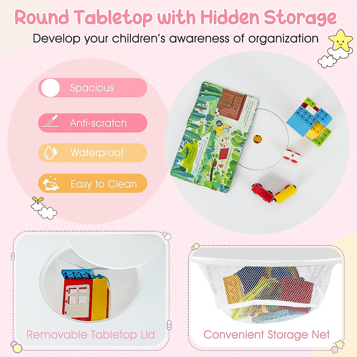 HONEY JOY Kids Table and Chair Set, Wooden Children Activity Table and 2 Chairs for Art & Craft, Storage Mesh Basket, 3-Piece Toddler Furniture Set for Daycare & Playroom, Gift for Boys Girls (White)