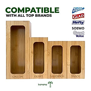 Konana Wooden Storage Bag Organizer for Plastic Baggies - Individual Gallon, Quart, Snack & Sandwich Organizer - with Labels for Kitchen Organization