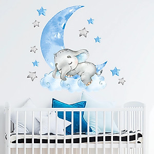 Cute Blue Sleeping Baby Elephant Wall Stickers, sacinora Moon and Stars DIY Art Wall Decals Removable Vinyl Peel and Stick for Kids Baby Boys Nursery Bedroom Toddler Room Decorations