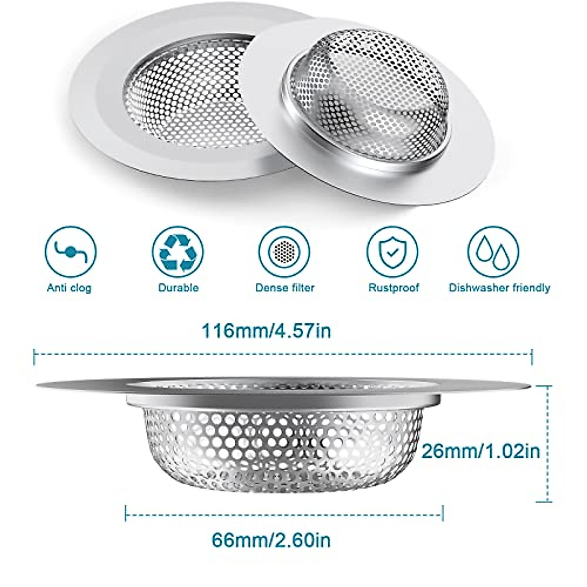 Kitchen Sink Strainer, 2 PCS Stainless Steel Sink Drain Strainer, Large Wide Rim 4.5" Diameter, Kitchen Sink Basket Strainer Food Catcher for Most Sink Drains