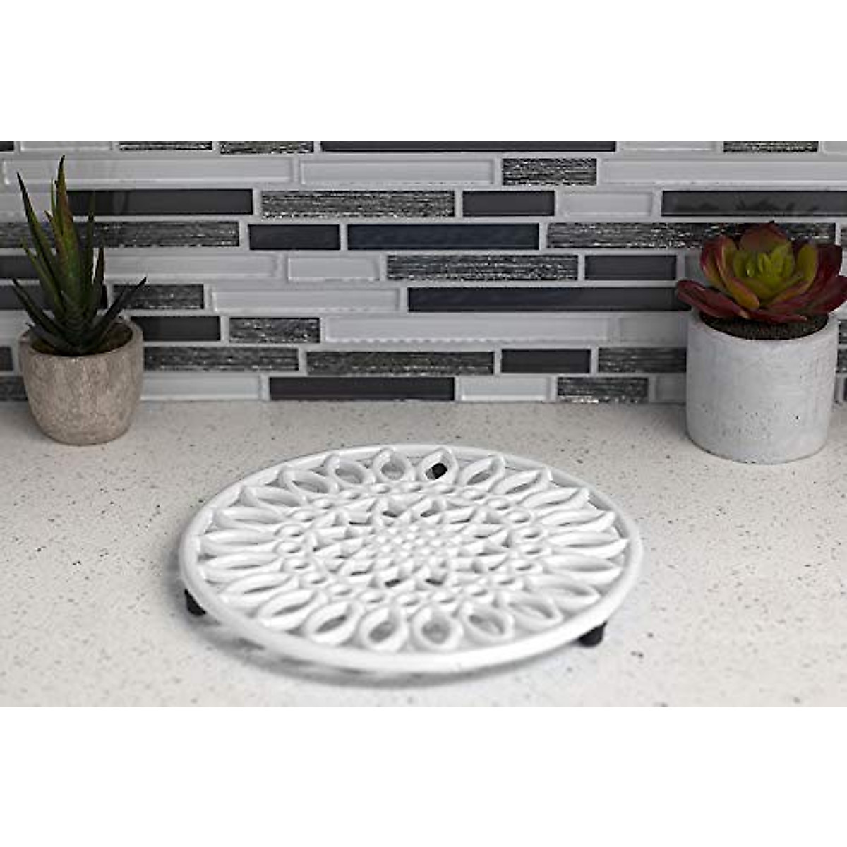 Home Basics Sunflower Collection, Heavy Duty Cast Iron Trivet, Elevated Base Kitchen Countertop & Dinning Room Table, (3, White)