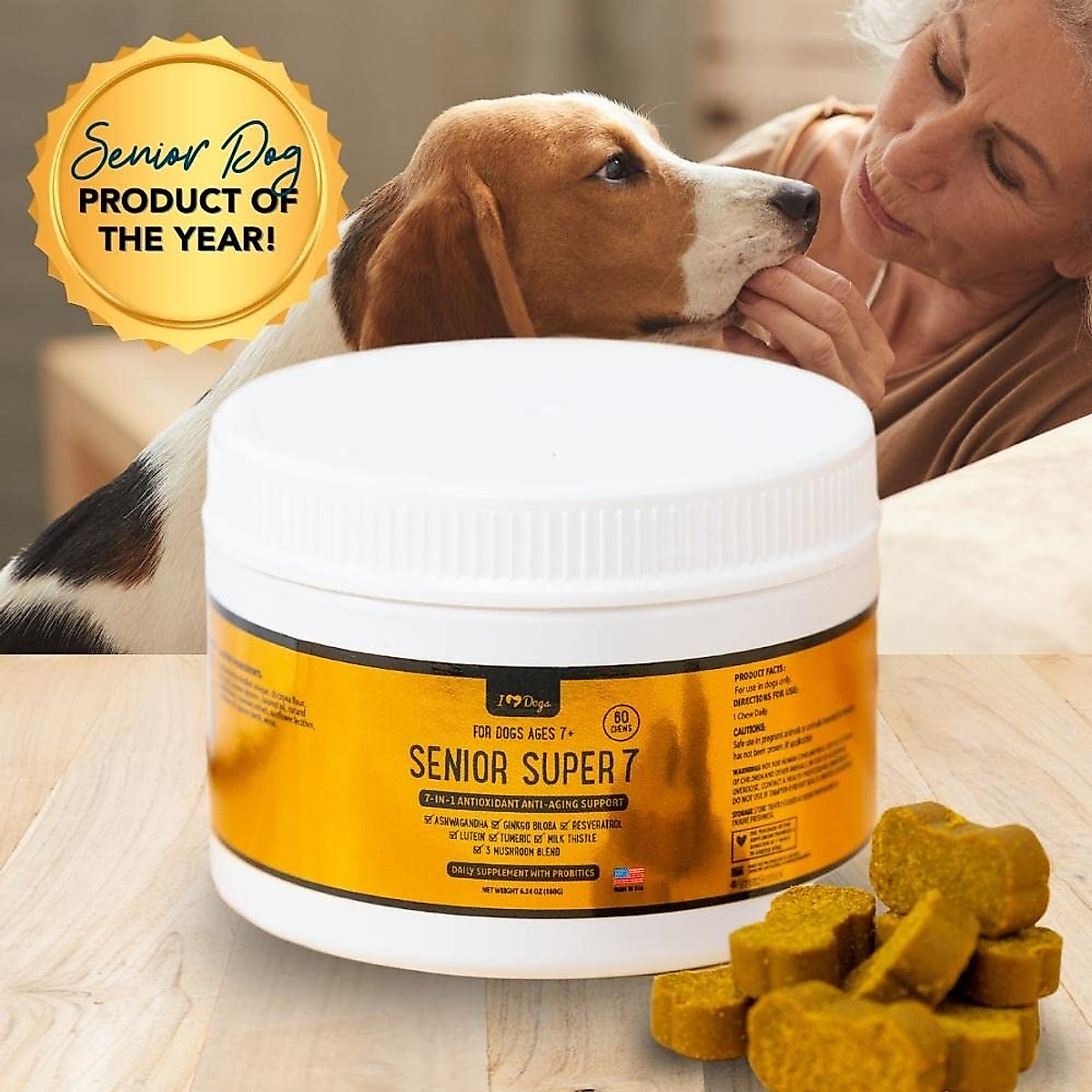 iHeartDogs Senior Super 7 Daily Dog Multivitamin - 7-in-1 Vitamin for Dogs Supports Anti-Aging with Antioxidants, Probiotics, Lion's Mane, Turkey Tail, & Ashwagandha for Longevity & Cognitive Boost