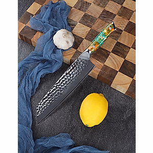 SANMUZUO 8.5" Kiritsuke Knife - Professional Kitchen Chef Knife - Hammered Damascus Steel & Resin Handle - YAO Series