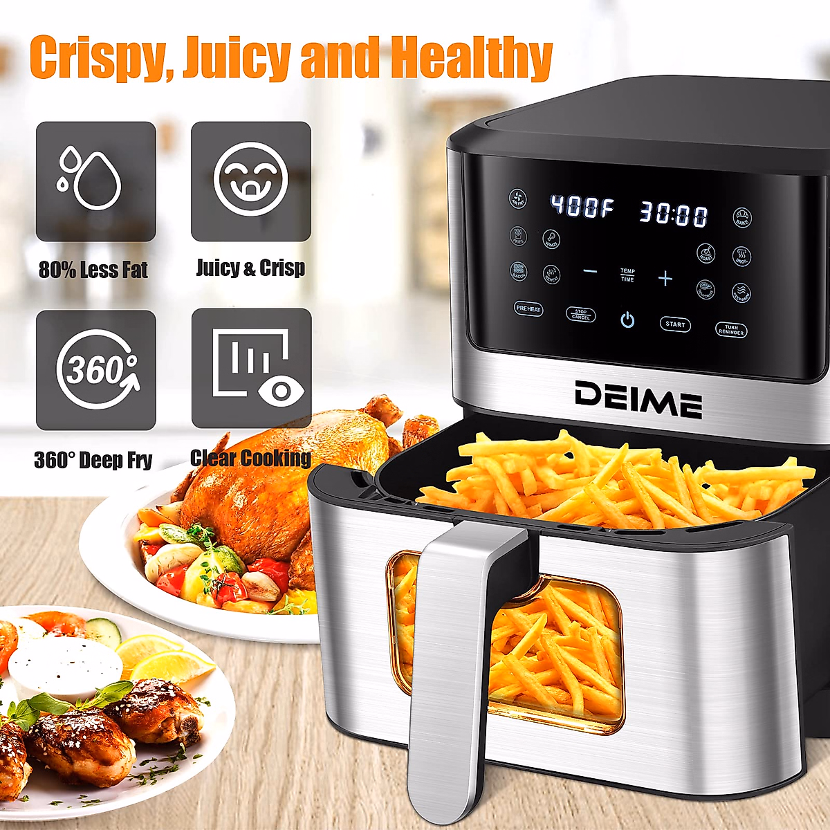 Air Fryer 6.2 QT Oilless 1500W Large Capacity Oven Air Fryers Healthy Cooker with 10 Preset, Visual Cooking Window, Non-Stick Basket, Included Recipe
