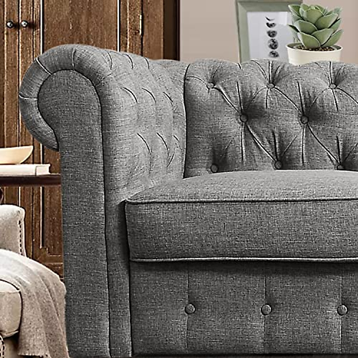 Rosevera Genevieve Upholstered Fine Polyester Collection Tufted Loveseat Couch, Contemporary Chesterfield Armrest,Sectional Sofa for Living Room Apartment, 3SEAT, Linen Gray 3SEAT