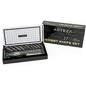 Arteza Hobby Knife Kit, Set of 17 Pieces Including 13 Steel Blades, Precision Knives with Precision, Trimming, and Cutting Handles, and Cutting Mat, Craft Supplies for Stenciling, Sewing, and Baking