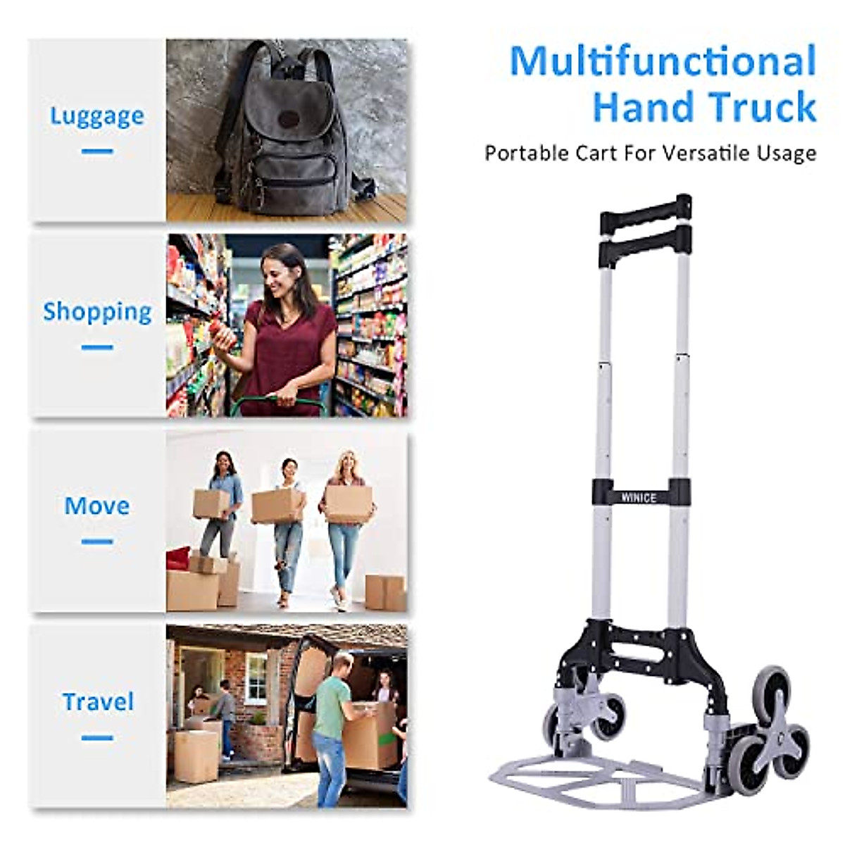 Stair Climbing Cart Portable Folding Hand Truck 165 lbs Weight Capacity Heavy-Duty Hand Cart Height Adjustable Aluminum Trolley with 6 Rubber Wheels & Bungee Cord Dolly for Moving, Luggage and Office