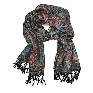Plum Feathers Pashmina Scarf with Ethnic Tapestry Style Paisley Pattern - 67" x 28" Everyday Pashmina Travel Wrap and Shawl (Black Multi Tapestry)