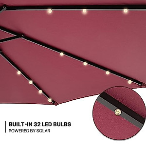 MoNiBloom 9 ft Patio Umbrellas Solar LED Lighted Patio Market Crank Lift Water-proof Umbrella with 8 Ribs and Sturdy Pole for Yard Garden Poolside Patio, Burgundy
