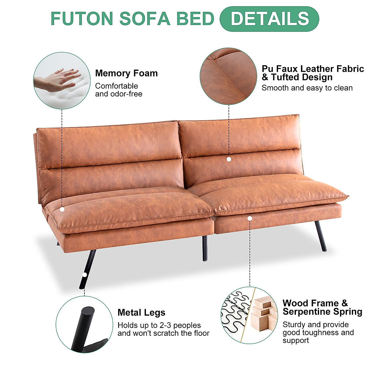 MUUEGM Futon Sofa Bed Couch,Memory Foam Convertible Futon Couch,Modern Faux Leather Sleeper Sofa Couch,Love Seat Sofa for Living Room Small Space Apartment Office,Adjustable Backrest