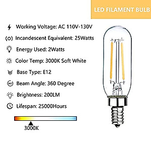 Sunaiony E12 Candelabra Bulb 25W T6 LED Bulb Dimmable 3000K Soft White, 2W Vintage LED Filament Edison Candle Bulb for Chandelier Ceiling Light, 12 Pack
