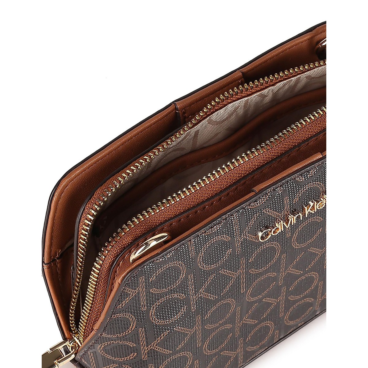 Calvin Klein Hailey Signature Triple Compartment Chain Crossbody, Brown/Khaki/Caramel Linear