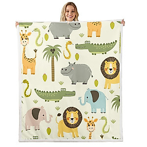 Nursery Cute Wild Animals Fleece Throw Blanket for Girls Boys Kids Cartoon Lion Giraffe Crocodile Plush Blanket Decor Nature Wildlife Sherpa Blanket Zoo Animal Theme Fuzzy Blanket Twin 60x80 Inch