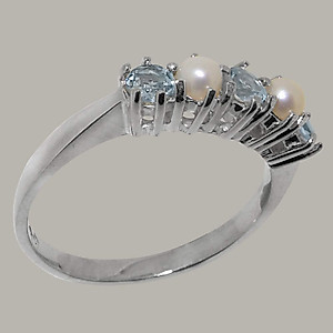 LetsBuyGold 925 Sterling Silver Natural Aquamarine & Cultured Pearl Womens Eternity Ring - Size 10