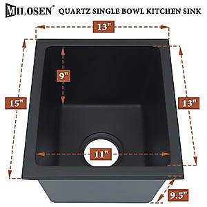MILOSEN Black Bar Sink 13×15 Inch, Small Bar Prep Kitchen Sink, Undermount Bar Sink, Granite Composite Single Bowl Bar Sink, RV Kitchen Sink, Small Camper Sink