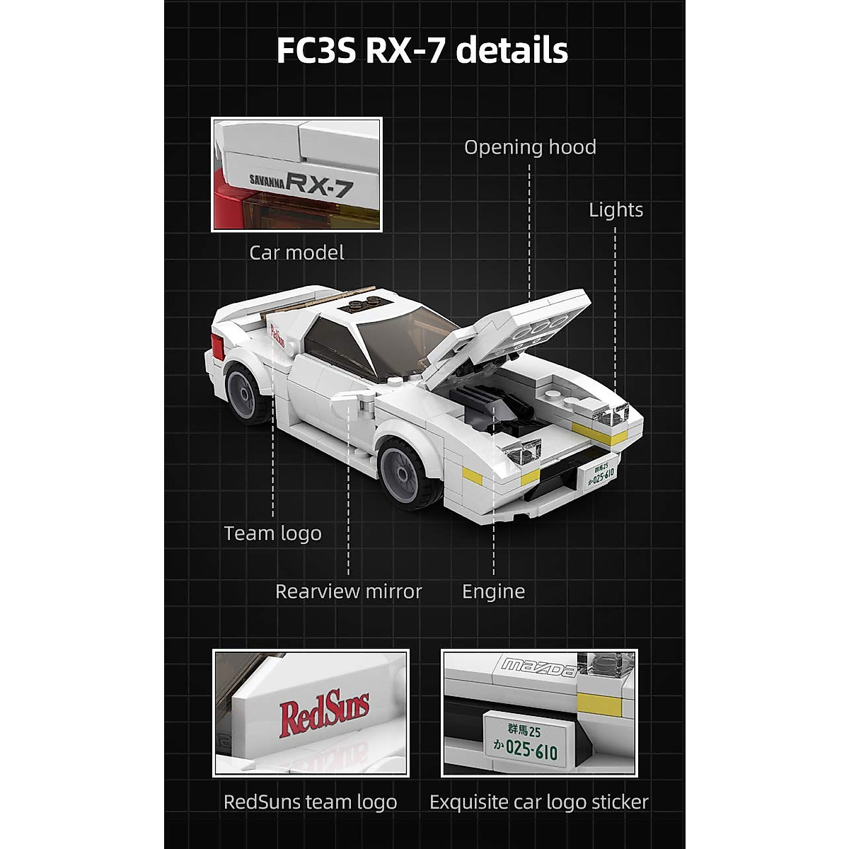 dOMOb Mazda RX-7 FC3S – Initial-D 25-th Anniversary – CADA Bricks Toys for 8+ Age Kids & Adults – Realistic Car Model 1:24 Simulated Build – 282 Pieces or Blocks – for Boys, Hobbyist, Collector