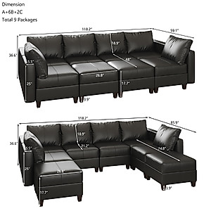 EASE MOOSE Modular Sectional Sofa Sleeper Couch with Storage, 8 Seat Faux Leather sectional Modular Sofa Large Moduar Sleeper Sofa Black Sectional Sofa Bed Modular Couch for Living Room