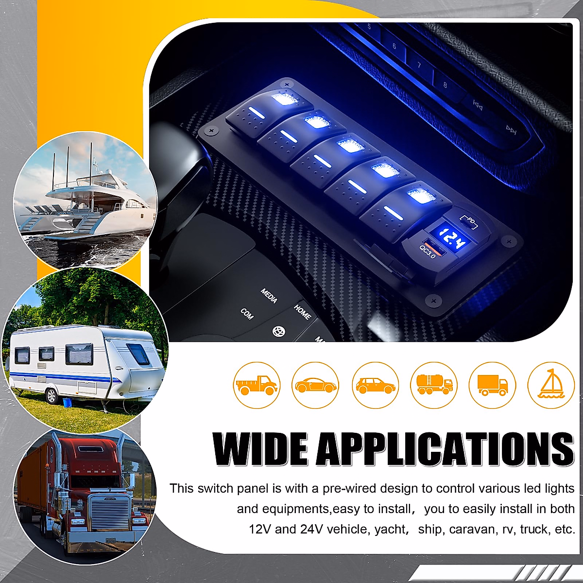 Okerny Rocker Switch Panel 5 Gang+ PD Quick Charge + 3.0 USB + Voltmeter Pre-Wired Aluminum Panel Toggle Switches for Automotive Car Marine Boat RV ATV UTV RZR Off Road…