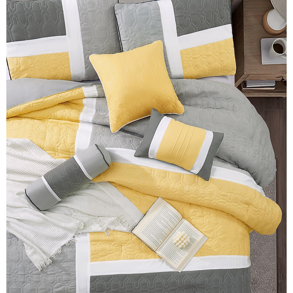 Grand Avenue Grey Yellow Comforter Set Queen Size, 7 Piece Quilting Soft Bedding Set, All Season, Matching Shams, Bedskirt, Decorative Pillows