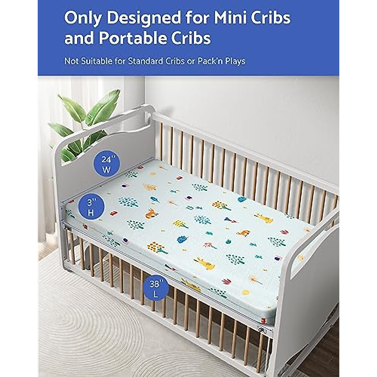 Mini Crib Mattress, 38 x 24 Mini Mattress for Crib with Washable Soft Jacquard Cover Fits for Mini and Portable Cribs, Dual Sided with Firm Support and Comfort Memory Foam, Woodland Animal Pattern