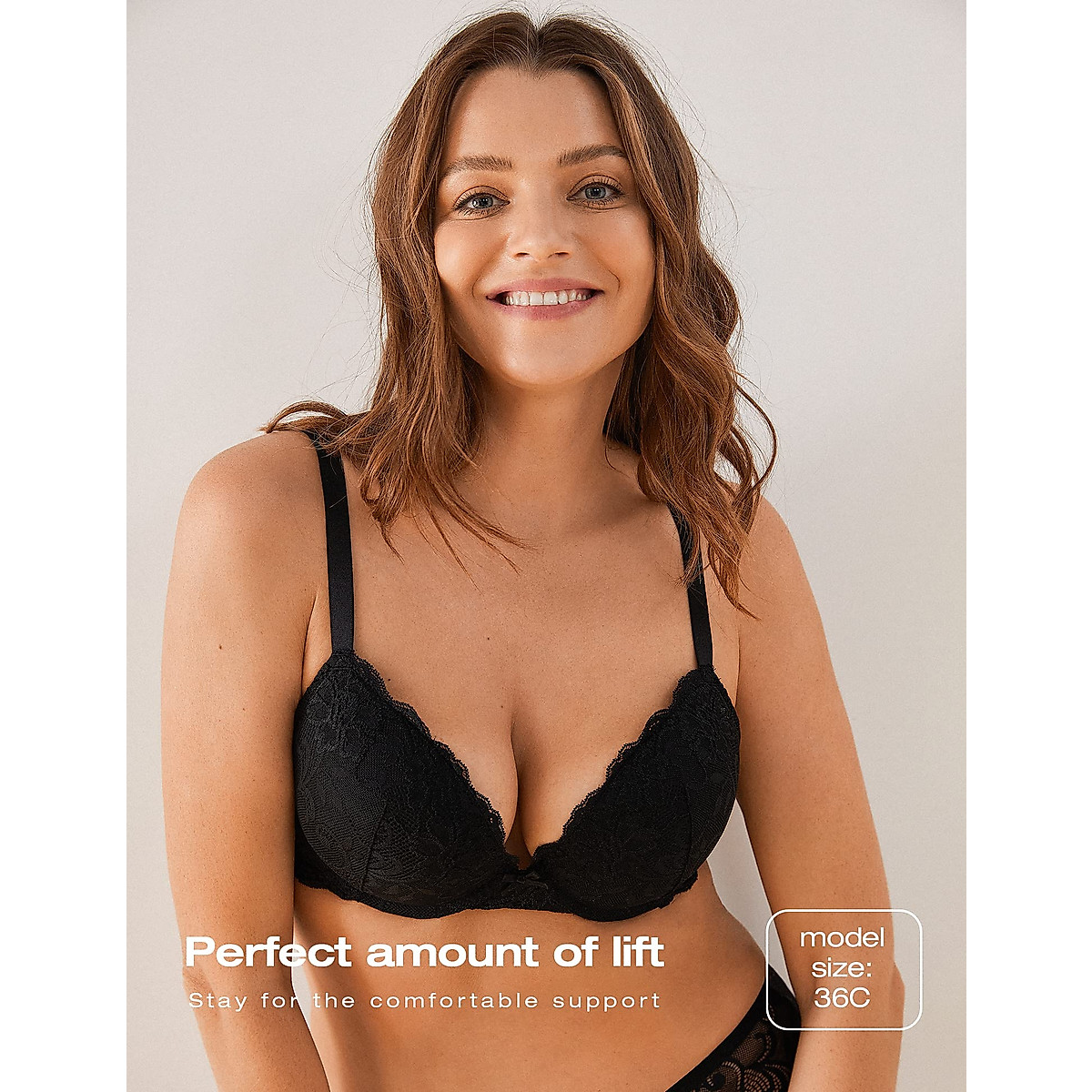 Deyllo Women’s Push Up Lace Bra Comfort Padded Underwire Bra Lift Up Add One Cup(Black,38C)