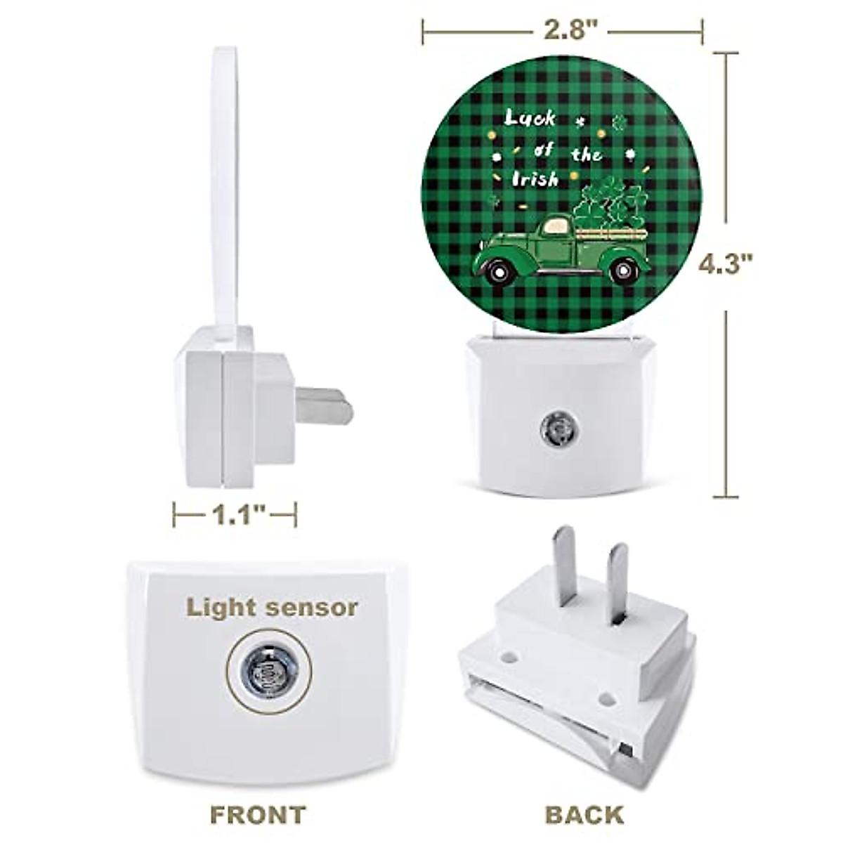 Green Truck Buffalo Plaid Night Lights Plug into Wall, St. Patrick's Day Auto Round LED Lights with Dusk to Dawn Sensor for Bedroom, Bathroom, Hallway, Kitchen, Kids, Home Decor