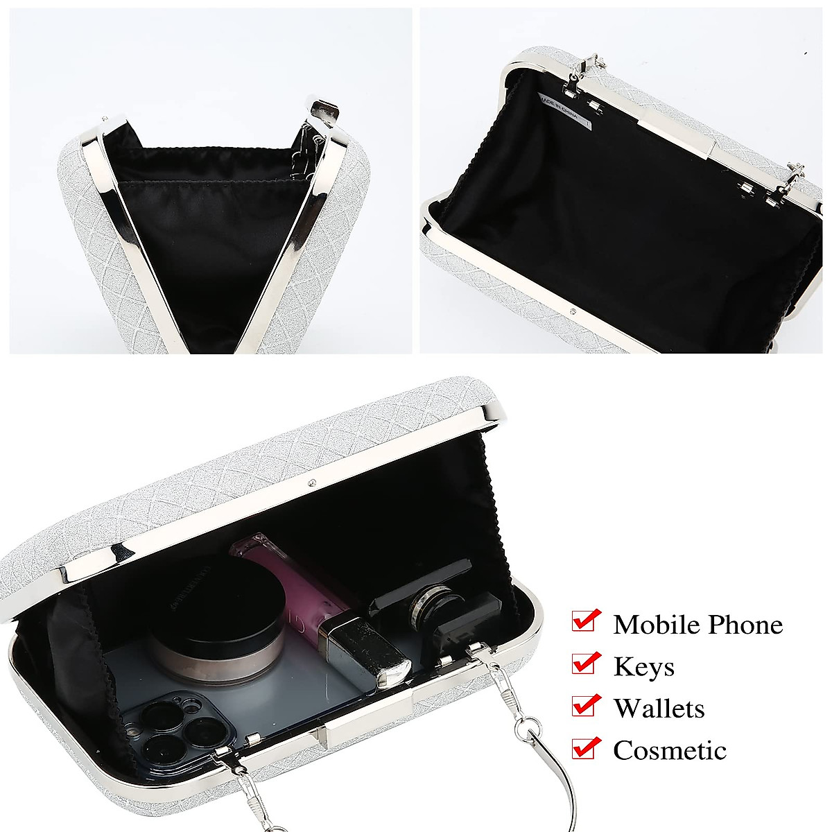 Tanpell Women's Evening Bag Glittering Clutch Handbag Wedding Party Bridal Purse with Detachable Chain (Silver)