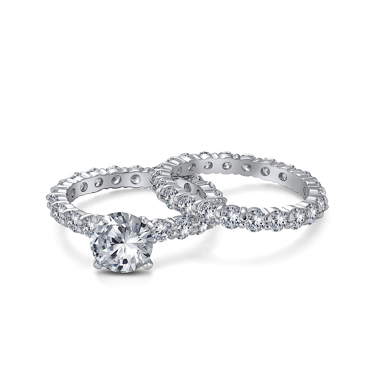 Bling Jewelry Art Deco Style Traditional 3CT Cubic Zirconia Round Brilliant Cut Round Solitaire Eternity Band AAA CZ Anniversary Wedding Engagement Ring Set Band For Women .925 Sterling Silver