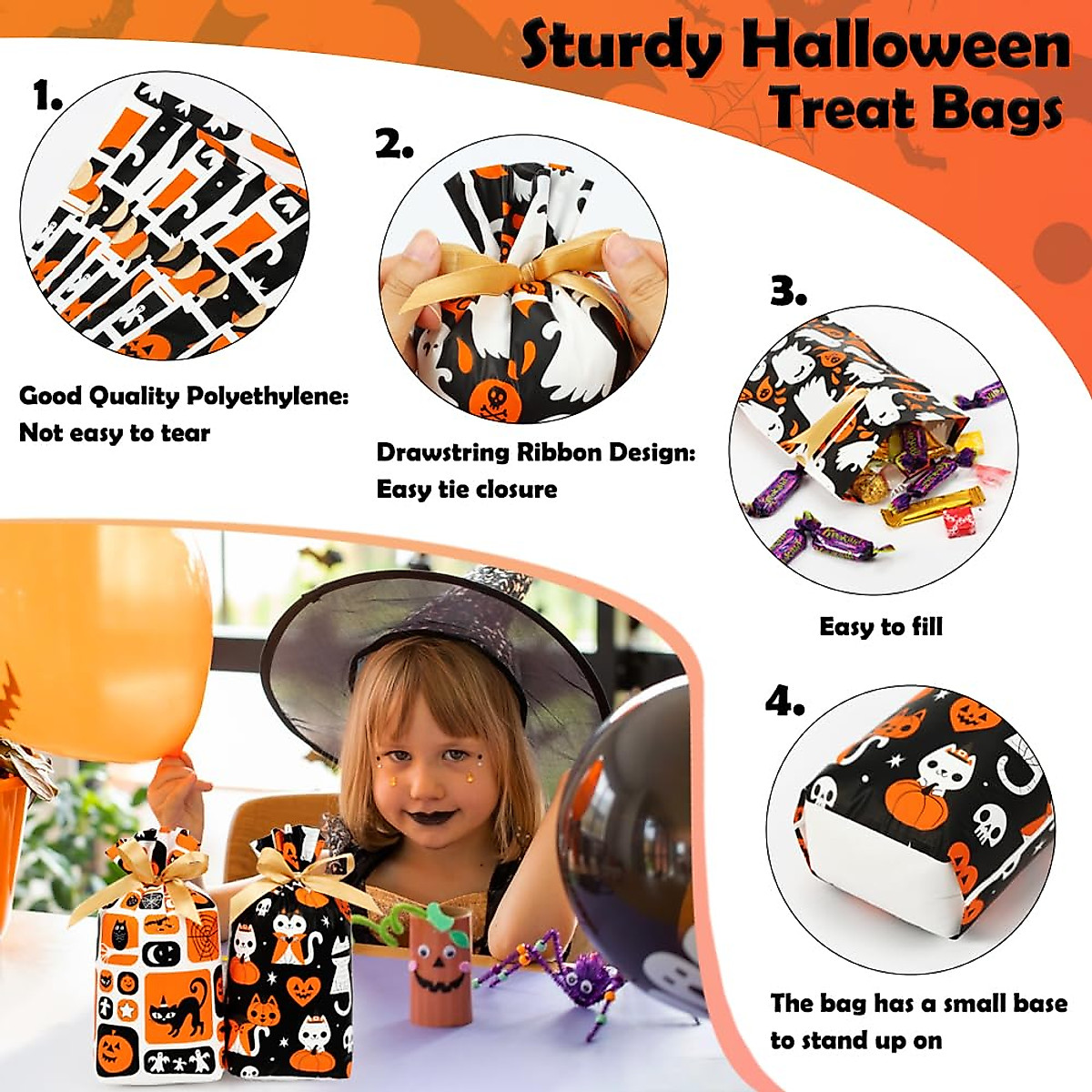 Shintop Halloween Goodie Bags Drawstring, 50PCS Small Treat Candy Bags Reusable Plastic Gift Bags Party Favors Supplies for Trick or Treat Sweets Cookies (Ghosts, Black Cats, Pumpkins)