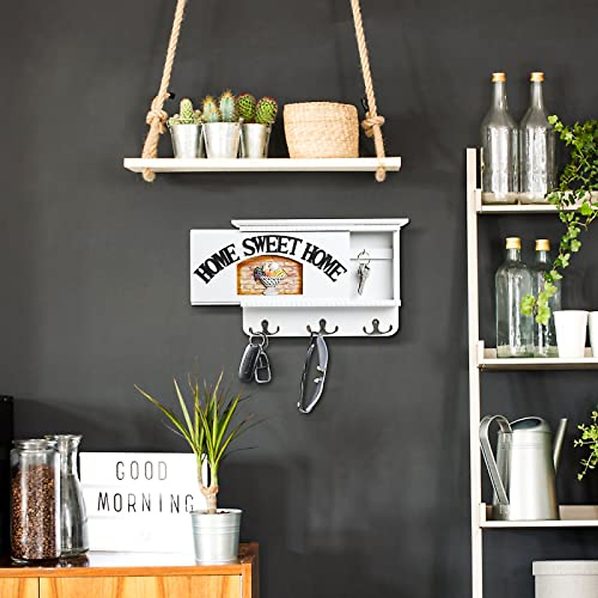 HRONRAD Farmhouse Key Holder for Wall Decorative, Home Sweet Home Decor, 3 Double Metal Key Hooks and 4 Hidden Push & Pull Cover Key Hangers, Rustic Wooden Wall Mounted Key Racks for Entryway (White)