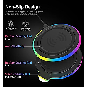 Wireless Charger Pad, 15W Max Fast RGB Wireless Charging Pad Compatible iPhone 14/14 Plus/14 Pro/14 Pro Max/13/13 Mini/SE 2022/12/11/X/8,Samsung Galaxy S22/S21/S20,AirPods 3 2 Pro(No AC Adapter) Black