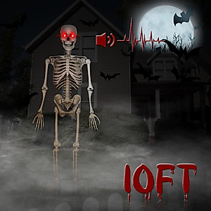 Jenaai 10 ft Halloween Skeleton Decoration Full Size Body Outdoor Yard Skeleton with Light up Eyes Creepy Sound and Movable Joints Realistic Poseable Human Bones Skeleton for Halloween Lawn Party Prop