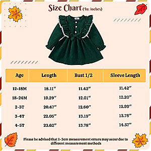 Toddler Girl Fall Dress Kid Solid Corduroy Ruffle Long Sleeve Princess Dress Winter Outfit Little Girl Casual Clothes(Green, 18-24M)