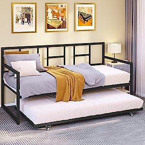 YITAHOME Twin Daybed with Pull Out Trundle/Steel Slat Support/Space Saving Adjustable Height Sofa Bed Couch and Multi-Functional Furniture for Living Room and Guest Room, Black