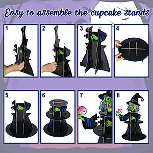 2 Set Halloween Witch Cupcake Stand Decorations, 3 - Tier Cardboard Cauldron Tray Holder Plus 24 Cake Toppers Birthday Party Supplies Decor（Assembly Needed）