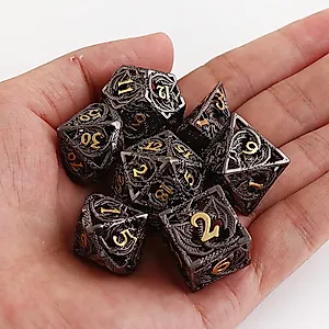 Hollow Metal D&D Dice Set with Gift Box, DND Role Playing Game D20 D12 D10 D8 D6 D4 Polyhedral Dice Set for Dungeons and Dragons Pathfinder Shadowrun Math Teaching RPG, Black Gold