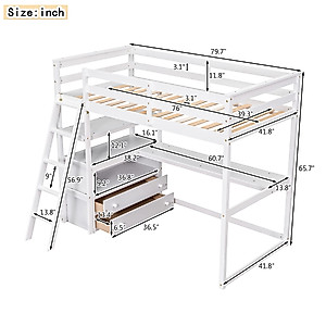 MERITLINE Twin Loft Bed with Desk and Storage, Wooden Loft Bed Twin with Shelves and Two Built-in Drawers for Kids Teens Boys Girls,No Box Spring Needed,White